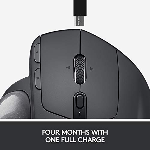 Logitech MX Ergo Wireless Trackball Mouse Adjustable Ergonomic Design, Control and Move Text/Images/Files Between 2 Windows and Apple Mac Computers (Bluetooth or USB), Rechargeable, Graphite - Black