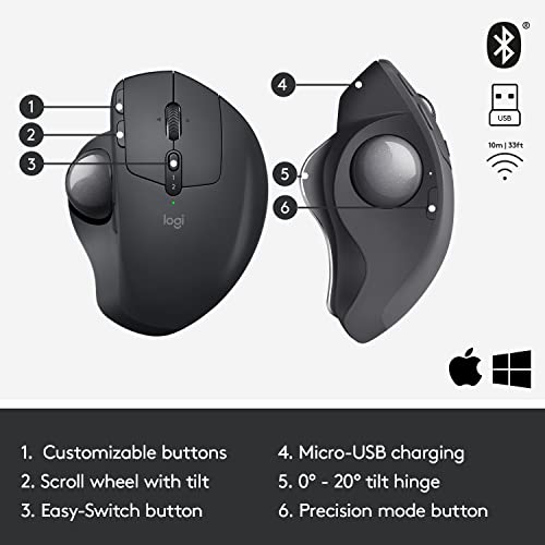 Logitech MX Ergo Wireless Trackball Mouse Adjustable Ergonomic Design, Control and Move Text/Images/Files Between 2 Windows and Apple Mac Computers (Bluetooth or USB), Rechargeable, Graphite - Black