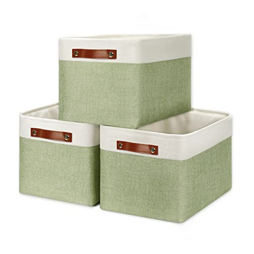 DULLEMELO Fabric Storage Bins for Laundry, Home, Foldable Storage Baskets for Shelves, Toys, Collapsible Storage Bins for Office, Closet,Bedroom(3-Pack Medium-15 inch X 11 inch X 9.5 inch , White&Green)