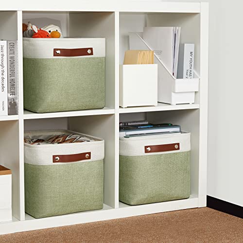 DULLEMELO Fabric Storage Bins for Laundry, Home, Foldable Storage Baskets for Shelves, Toys, Collapsible Storage Bins for Office, Closet,Bedroom(3-Pack Medium-15 inch X 11 inch X 9.5 inch , White&Green)