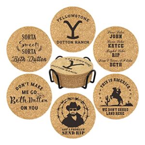 homythe yellowstone merchandise beth dutton coasters, 6 pcs cork coasters with metal holder, dutton ranch rip tv show drink coasters, birthday housewarming christmas coaster gifts for yellowstone fans