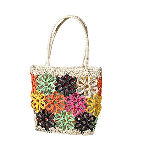 Womens Top Handle Straw Beach Tote Bags Floral Shoulder Bag Beach Bag Large Size Satchel Purses Woven Shoulder Bag