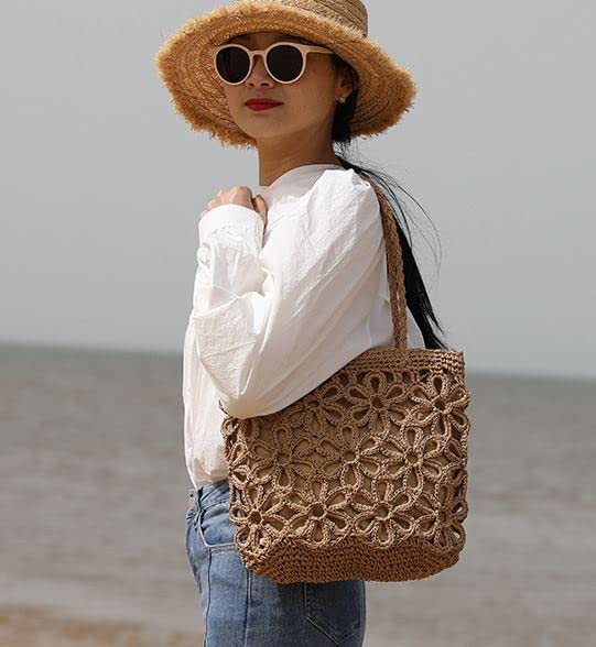 Womens Top Handle Straw Beach Tote Bags Floral Shoulder Bag Beach Bag Large Size Satchel Purses Woven Shoulder Bag