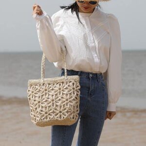 Womens Top Handle Straw Beach Tote Bags Floral Shoulder Bag Beach Bag Large Size Satchel Purses Woven Shoulder Bag