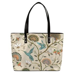 ethnic flower shoulder tote bag for women girls, leather handle bag durable hummingbird latop tote bag with zipper pocketfor school work travel