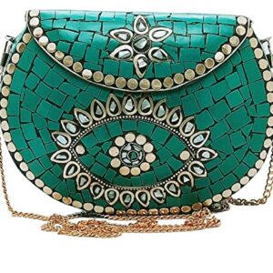 Trend Overseas Ethnic Antique Indian Handmade Mosaic Stone Chip Bag Bridal Clutch, Green, M