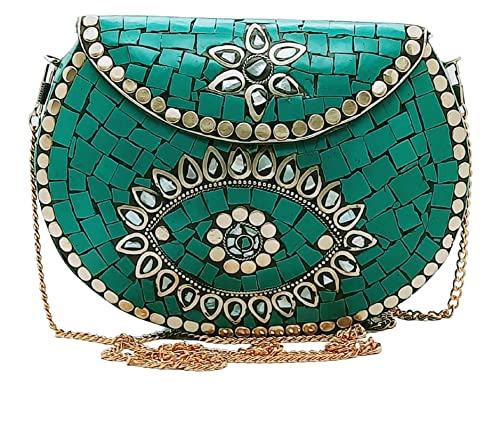 Trend Overseas Ethnic Antique Indian Handmade Mosaic Stone Chip Bag Bridal Clutch, Green, M