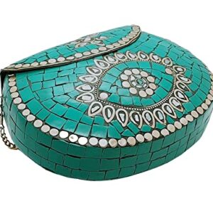 Trend Overseas Ethnic Antique Indian Handmade Mosaic Stone Chip Bag Bridal Clutch, Green, M