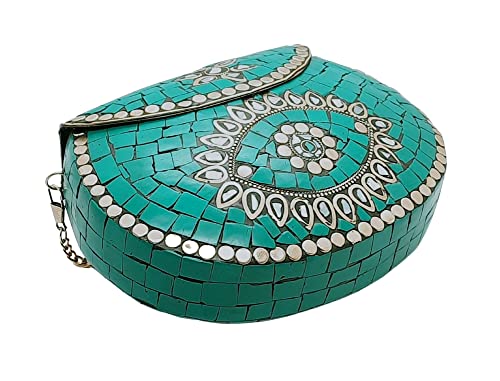 Trend Overseas Ethnic Antique Indian Handmade Mosaic Stone Chip Bag Bridal Clutch, Green, M