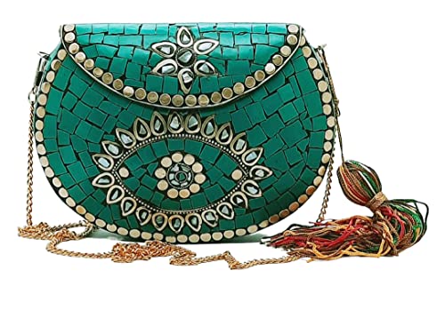 Trend Overseas Ethnic Antique Indian Handmade Mosaic Stone Chip Bag Bridal Clutch, Green, M