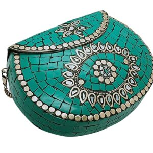 Trend Overseas Ethnic Antique Indian Handmade Mosaic Stone Chip Bag Bridal Clutch, Green, M