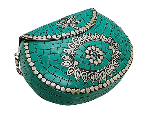 Trend Overseas Ethnic Antique Indian Handmade Mosaic Stone Chip Bag Bridal Clutch, Green, M