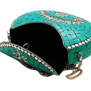 Trend Overseas Ethnic Antique Indian Handmade Mosaic Stone Chip Bag Bridal Clutch, Green, M