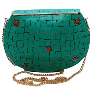 Trend Overseas Ethnic Antique Indian Handmade Mosaic Stone Chip Bag Bridal Clutch, Green, M