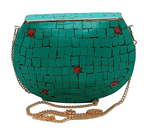 Trend Overseas Ethnic Antique Indian Handmade Mosaic Stone Chip Bag Bridal Clutch, Green, M