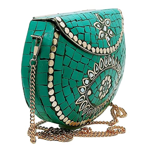 Trend Overseas Ethnic Antique Indian Handmade Mosaic Stone Chip Bag Bridal Clutch, Green, M