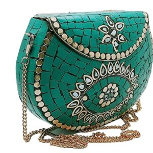 Trend Overseas Ethnic Antique Indian Handmade Mosaic Stone Chip Bag Bridal Clutch, Green, M