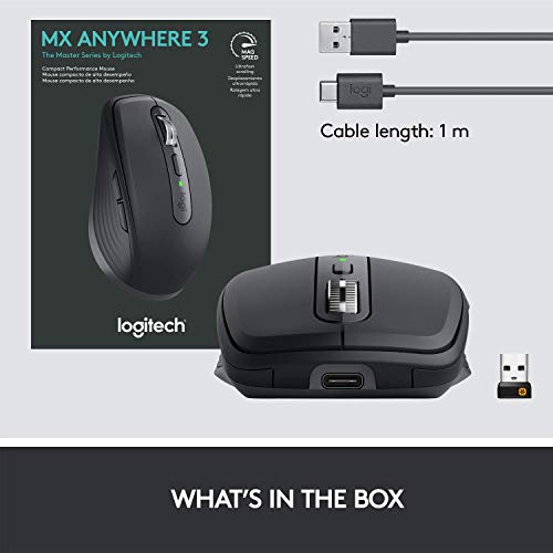 Logitech MX Anywhere 3 Compact Performance Mouse, Wireless, Comfort, Fast Scrolling, Any Surface, Portable, 4000DPI, Customizable Buttons, USB-C, Bluetooth - Graphite