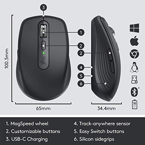 Logitech MX Anywhere 3 Compact Performance Mouse, Wireless, Comfort, Fast Scrolling, Any Surface, Portable, 4000DPI, Customizable Buttons, USB-C, Bluetooth - Graphite