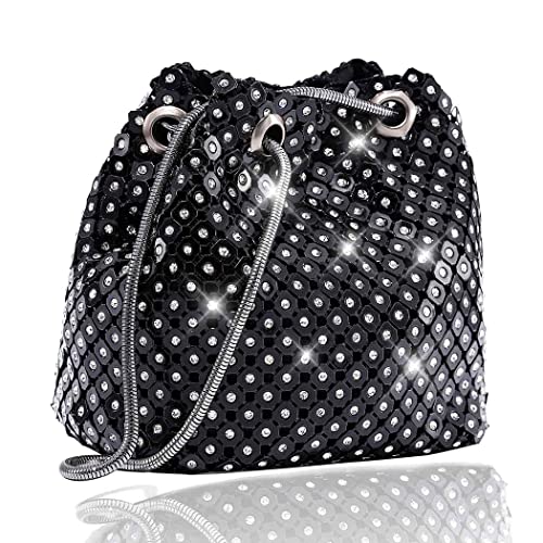 Yokawe Women's Bling Crystals Evening Clutch Bag Sparkly Metal Sequins Purse Glitter Rhinestone Bucket Bags Prom Cocktail Party Wedding Handbags (Black)