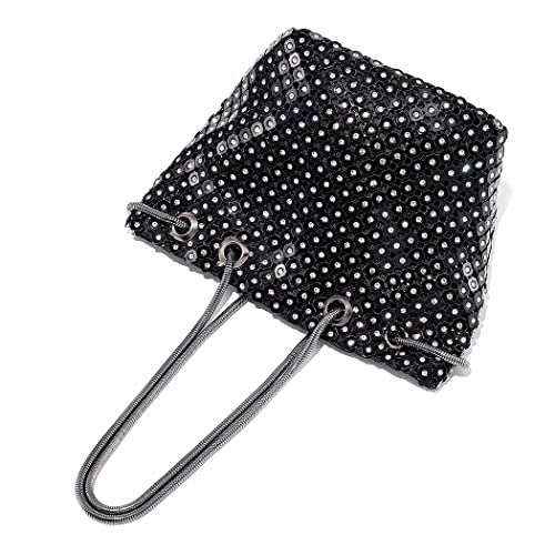 Yokawe Women's Bling Crystals Evening Clutch Bag Sparkly Metal Sequins Purse Glitter Rhinestone Bucket Bags Prom Cocktail Party Wedding Handbags (Black)