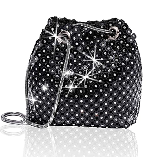 Yokawe Women's Bling Crystals Evening Clutch Bag Sparkly Metal Sequins Purse Glitter Rhinestone Bucket Bags Prom Cocktail Party Wedding Handbags (Black)