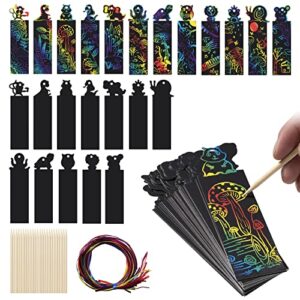 dogeek 48 pcs animal magic scratch art bookmarks for party bags filler, kids scratch paper diy gift tags bulk with ribbons and wooden stylus for classroom activities