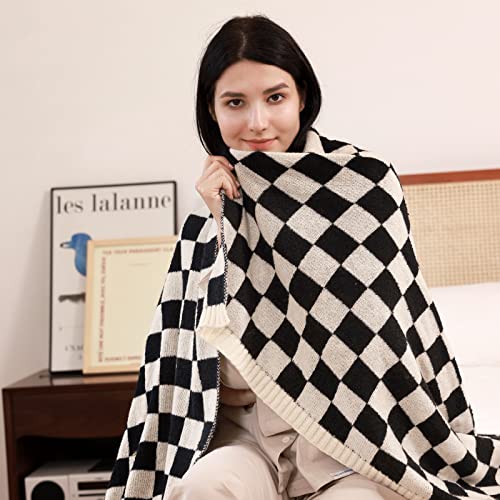 ZonLi Checkered Blanket Weave Knit Throw Blanket Black and White Soft Throw Blanket for Home Bedroom Couch (Black, 50"x60")