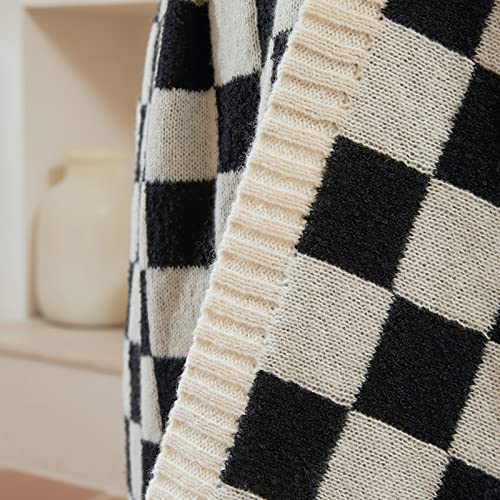 ZonLi Checkered Blanket Weave Knit Throw Blanket Black and White Soft Throw Blanket for Home Bedroom Couch (Black, 50"x60")