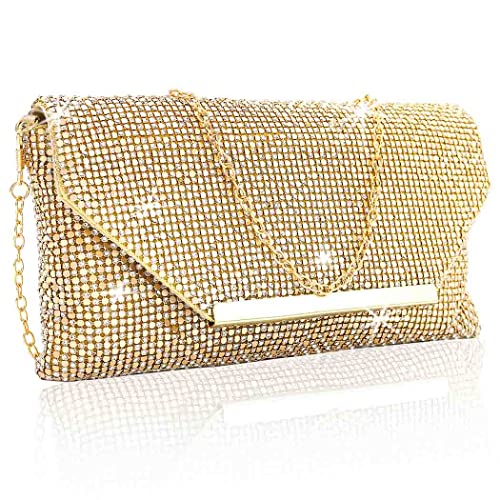 Yokawe Bling Crystals Clutch Purses for Women Rhinestone Evening Bag Sparkly Metal Sequins Crossbody Bags Wedding Prom Party Handbags (Gold)