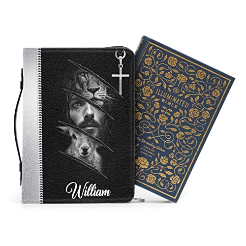 Jesuspirit Personalized Zippered Leather Bible Cover Xlarge Size - Lion & Lamb Customized Bible Case With Handle - I Can Do All Things Through Christ - Philippians 4:13 - Gift For Worship Members, BFF