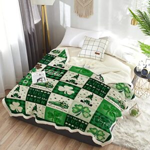 St. Patrick's Day Clovers Plush Sherpa Fleece Throw Blankets Shamrock Truck in Green Plaid Cozy Reversible Blanket Soft Warm Fuzzy Throws for Couch Bed Sofa