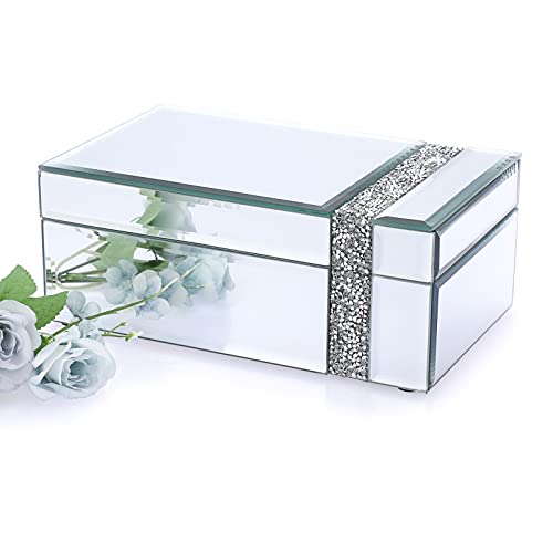 ELLDOO Glass Mirrored Jewelry Box with Crushed Diamonds Strip Decor, Luxury Trinket Box Organizer Decorative box Treasure Chest Keepsake Box for Women Girls Gift