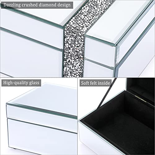 ELLDOO Glass Mirrored Jewelry Box with Crushed Diamonds Strip Decor, Luxury Trinket Box Organizer Decorative box Treasure Chest Keepsake Box for Women Girls Gift