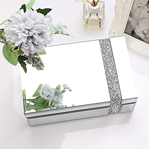 ELLDOO Glass Mirrored Jewelry Box with Crushed Diamonds Strip Decor, Luxury Trinket Box Organizer Decorative box Treasure Chest Keepsake Box for Women Girls Gift