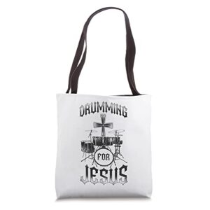 drummer drum set jesus faith cross vintage drumming for tote bag