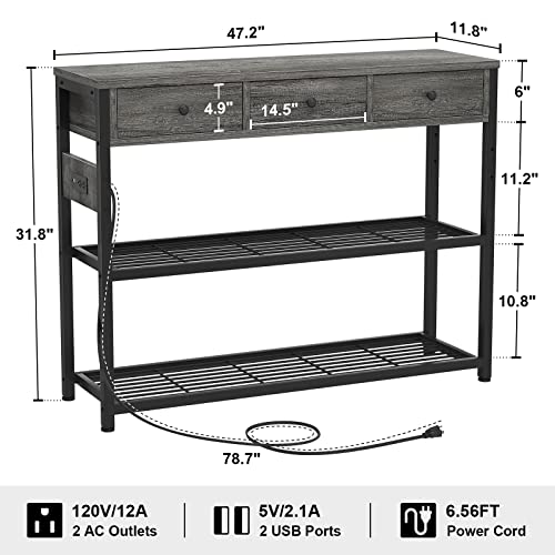 Ecoprsio 47'' Entryway Table with Outlets and USB Ports, Console Table with 3 Drawers, Sofa Table Narrow Long with Storage Shelves for Living Room, Couch, Hallway, Foyer, Kitchen Counter, Grey