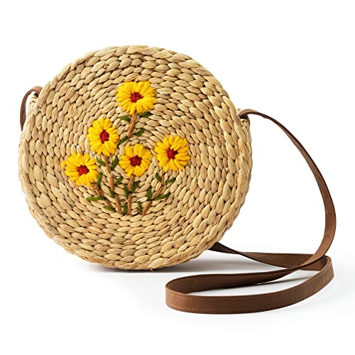 GAIAMADE Seagrass Vacation Purse with Shoulder Strap and Zipper, Round Wicker Bag, Summer Purse, Embroidered Sunflower Woven Beach Bag, Basket Purse, Round Rattan Bags For Women, Straw Purse