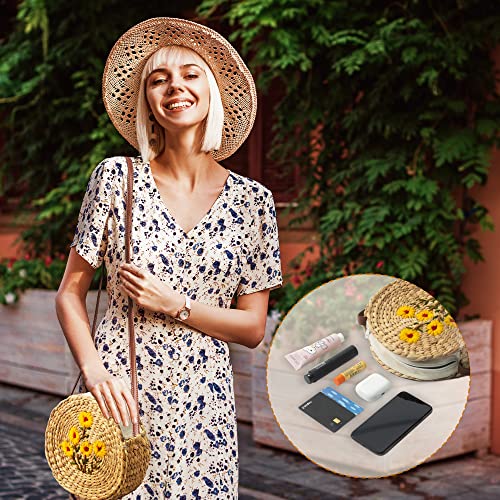 GAIAMADE Seagrass Vacation Purse with Shoulder Strap and Zipper, Round Wicker Bag, Summer Purse, Embroidered Sunflower Woven Beach Bag, Basket Purse, Round Rattan Bags For Women, Straw Purse