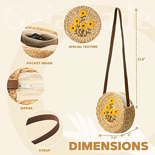 GAIAMADE Seagrass Vacation Purse with Shoulder Strap and Zipper, Round Wicker Bag, Summer Purse, Embroidered Sunflower Woven Beach Bag, Basket Purse, Round Rattan Bags For Women, Straw Purse