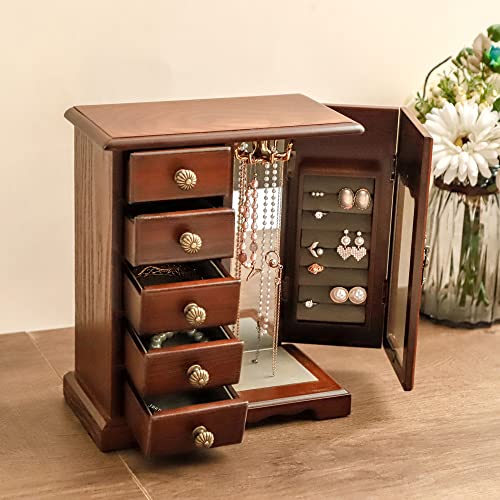 Kendal Wooden Jewelry Box for Women, Solid Jewelry Organizer With 5 Drawer, Wood Jewelry Case with Butterfly Pattern & Mirror for Necklaces, Earring, Rings (Brown with 5 drawer)