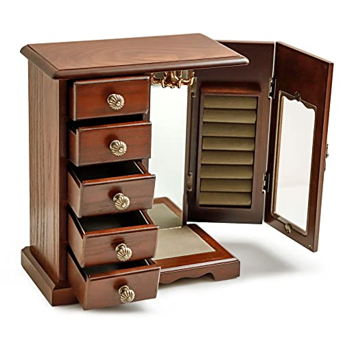 Kendal Wooden Jewelry Box for Women, Solid Jewelry Organizer With 5 Drawer, Wood Jewelry Case with Butterfly Pattern & Mirror for Necklaces, Earring, Rings (Brown with 5 drawer)