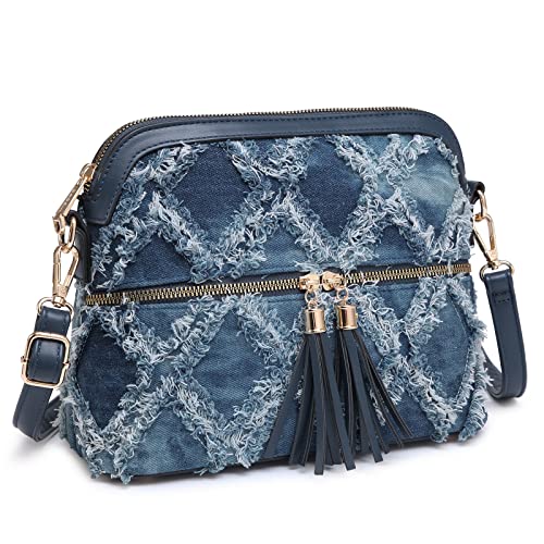 Dasein Women Tassel Zipper Pocket Crossbody Bag Shoulder Purse Fashion Travel Bag with Multi Pockets (Jean)