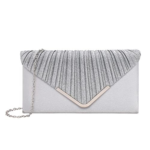 Women Silver Evening Bags Clutch Purses for Wedding Party Formal Dressy Handbag with Shoulder Chain