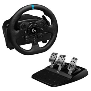 logitech g923 racing wheel and pedals for ps 5, ps4 and pc featuring trueforce up to 1000 hz force feedback, responsive pedal, dual clutch launch control, and genuine leather wheel cover (renewed)