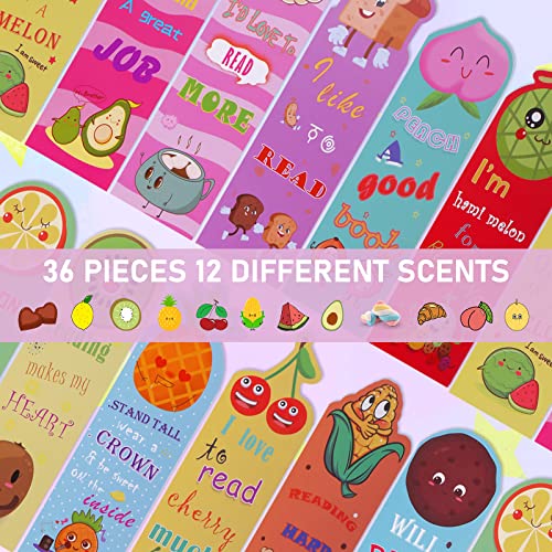 36 Pieces Fruit Scented Bookmarks, Bookmarks for Kids Scratch and Sniff Bookmarks Fun Classroom Bookmarks for Students Teens Food Lovers Tudents Classroom Stationery Supplies (12 Styles)