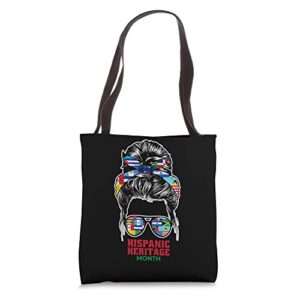 mom messy bun hispanic heritage month cool latino pride flag tote bag