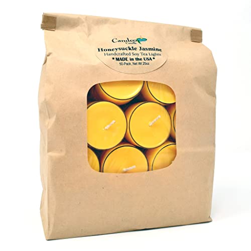 Honeysuckle Jasmine - Bulk Tealight Candles - 50 Tealights Per Bag - Yellow Tealight Candles - Highly Scented - Made with Soy Wax - Handmade in The USA - Candeo Candle