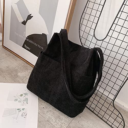 Van Caro Women Corduroy Tote Bag Casual Tote Handbag Big Capacity Shoulder Shopping Bag with Pocket,Black