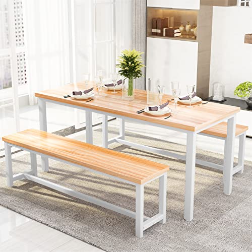 Recaceik Dining Room Table Set with 2 Benches, Kitchen Dining Table Set for 2-4 Person, Space Saving Kitchen Table and Chair Set with Metal Frame for Dining Room, Small Space, Breakfast Nook(Walnut)